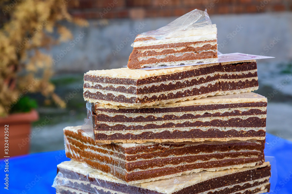 Large group of fresh wafers with chocolate and caramel filling ...