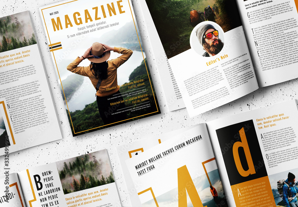Magazine Layout with Orange Accents Stock Template | Adobe Stock