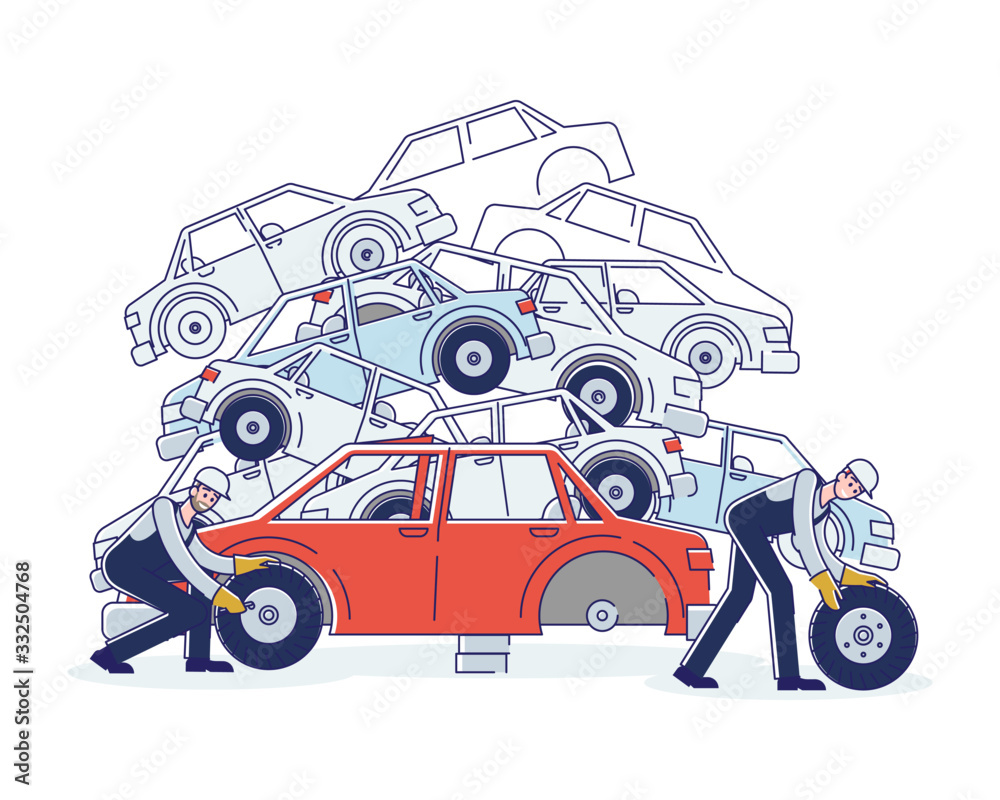 Concept Of Utilization Of Vehicles. Characters Work On Junkyard Sorting ...