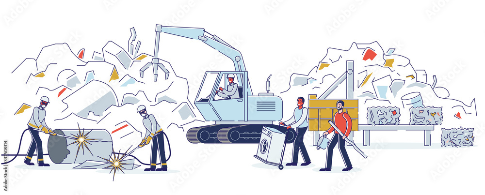 Scrap Metal Concept. Workers Work On Junkyard, Sorting Piles Of Scrap ...