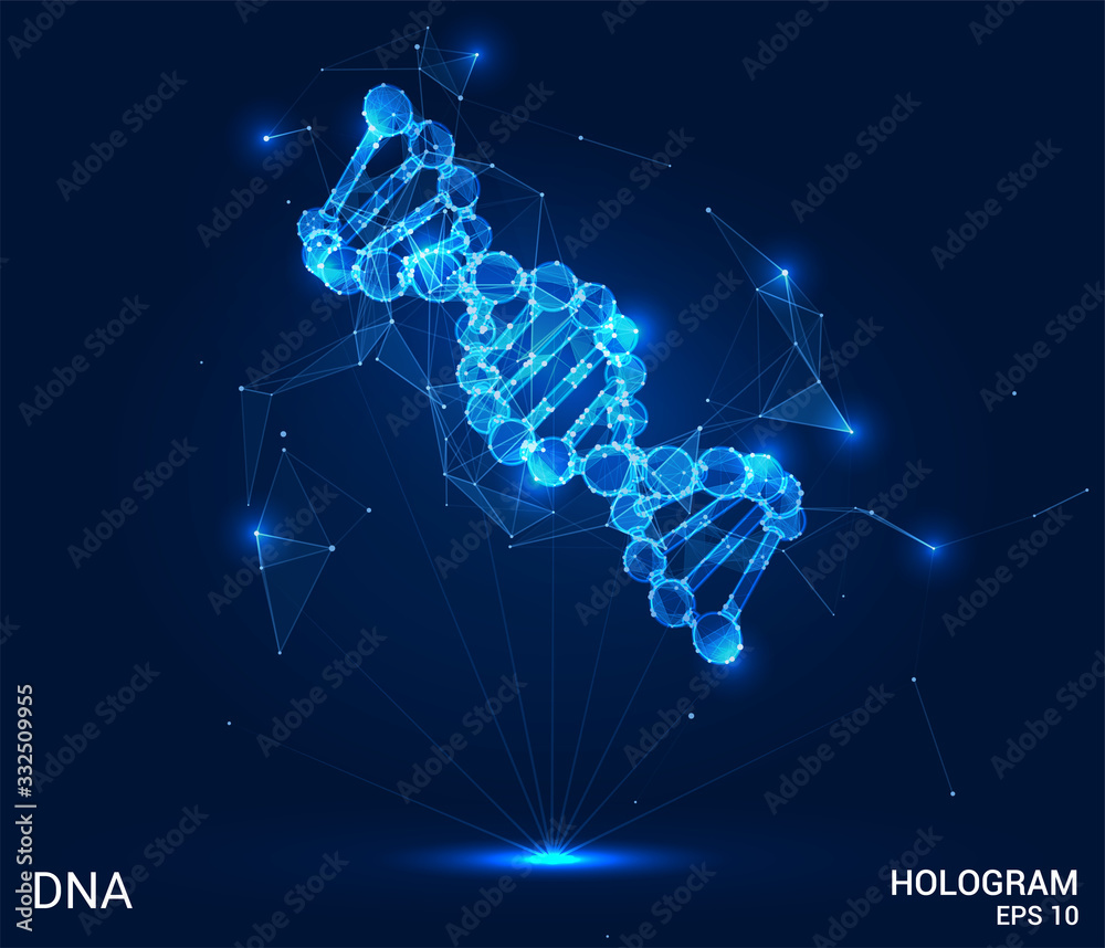 A hologram of DNA. A DNA chain of polygons, triangles , points, and ...