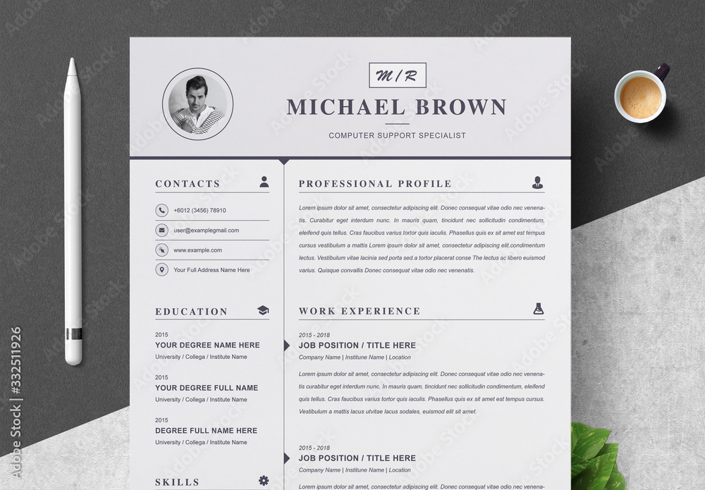 Grayscale Resume and Cover Letter Layout Set Stock Template | Adobe Stock