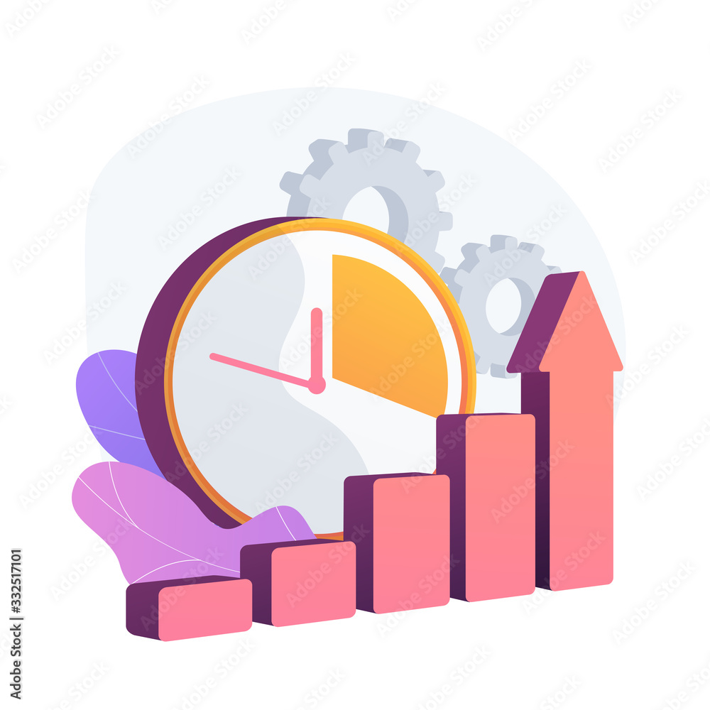 Clock and increasing chart. Workflow productivity increase, work performance optimization ...