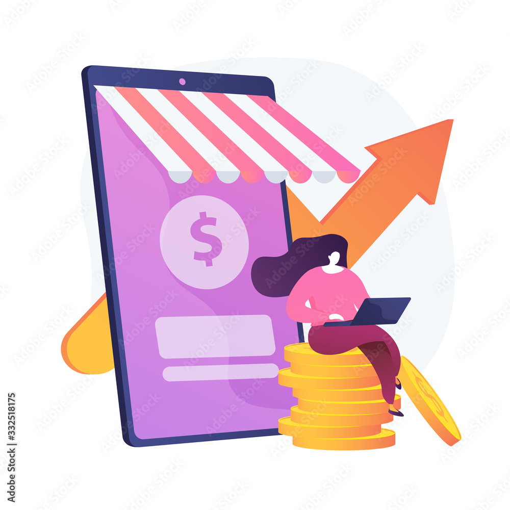 Income growth. Freelancer sitting on coins and working with laptop ...