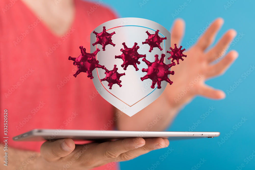 Hologram of coronavirus COVID-2019 on a protection futuristic ...