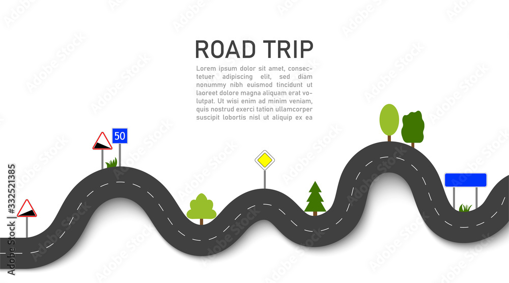Road trip. 3D navigation and location on trip with signs and trees ...