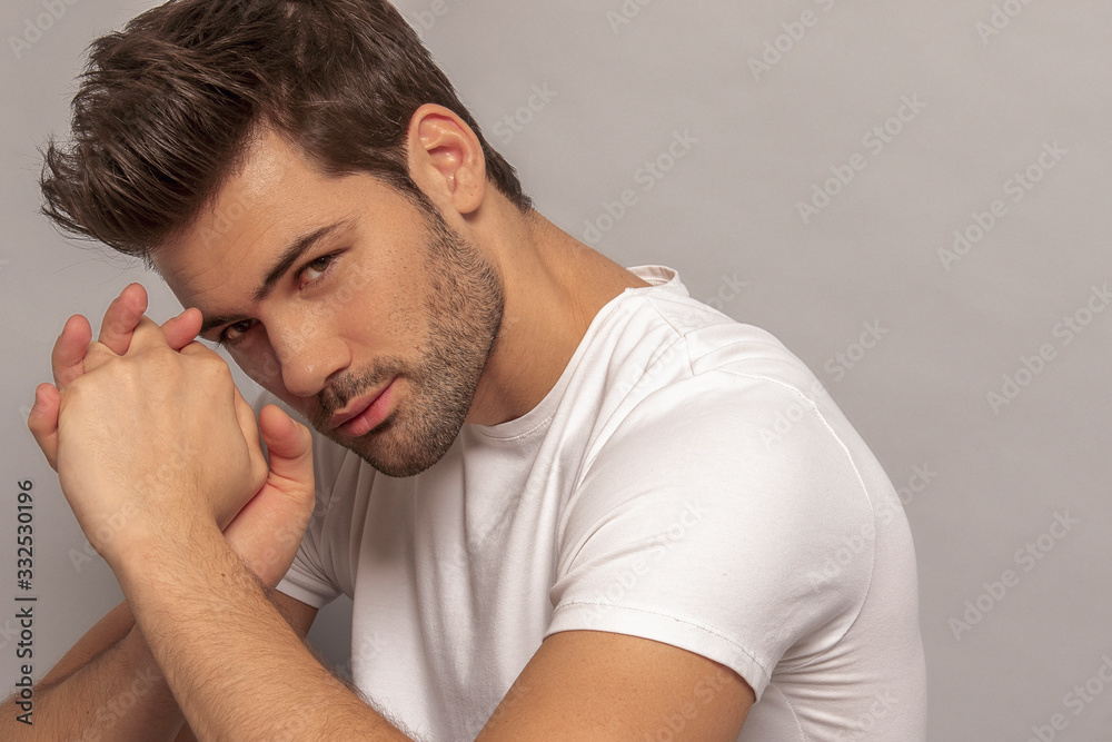 Muscle strong face beautiful stripped male model portrait in denim blue ...