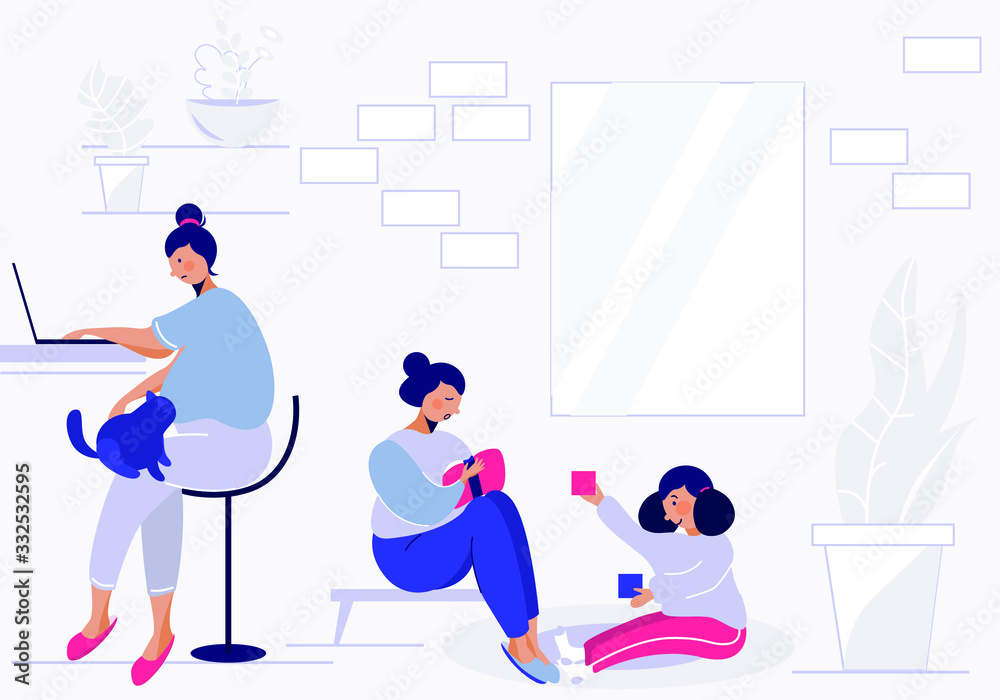 Female freelance worker with child at workplace. The child is busy with ...