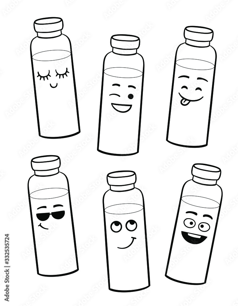 Set of reusable bottles illustration with cute characters. Different ...