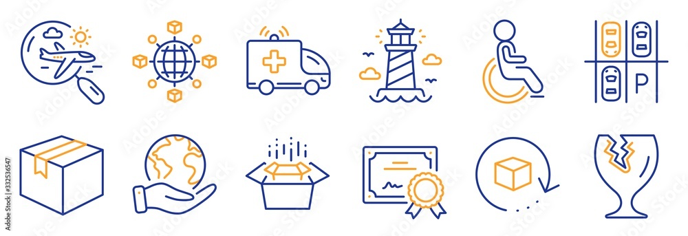 Set of Transportation icons, such as Parcel, Lighthouse. Certificate ...