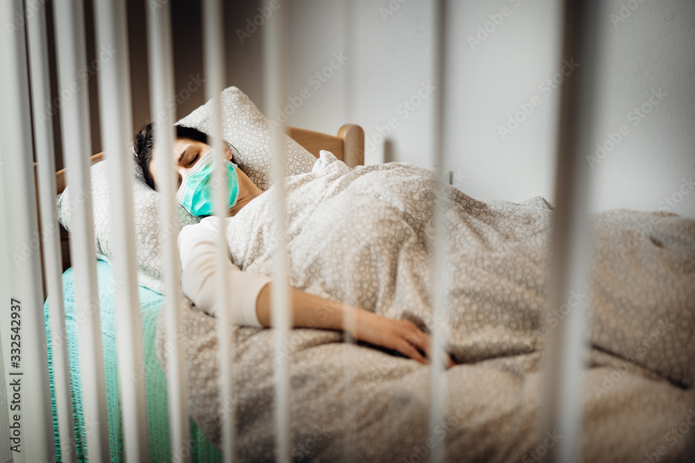 Infected woman with mask in mobile quarantine hospital units isolation ...