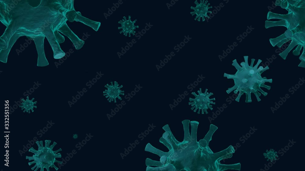 3D rendering of animation of green, glowing, microscopic viruses or ...