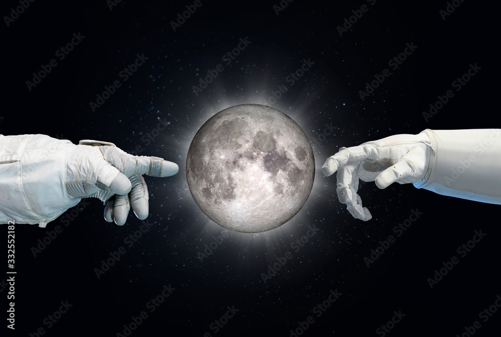 Astronaut hand and robotic hand on outer space background. Elements of ...