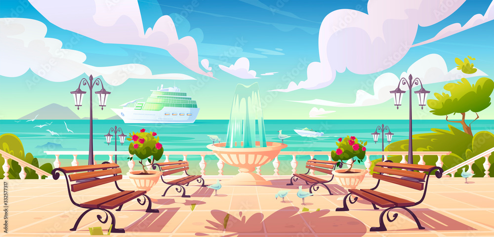 Summer seafront with cruise ship and powerboat in ocean, cartoon quay ...