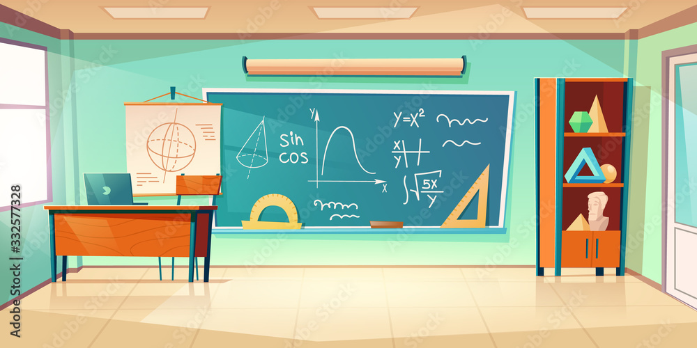 Classroom for math learning with formula on chalkboard. Vector cartoon ...