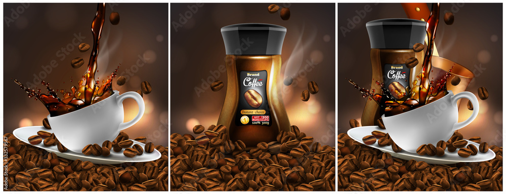 Coffee advertising design. Coffee cup, pot and coffee beans on a ...