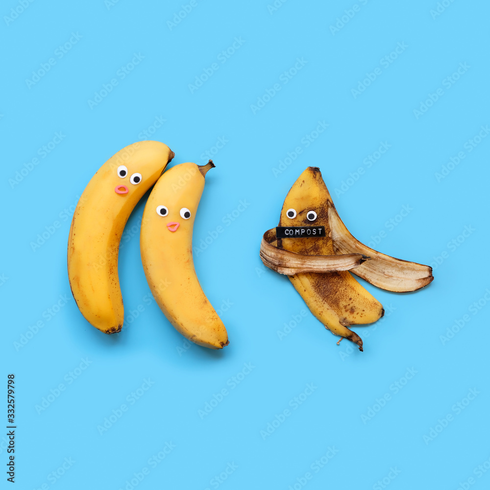 bananas with googly eyes on blue background. fresh banana and old ...