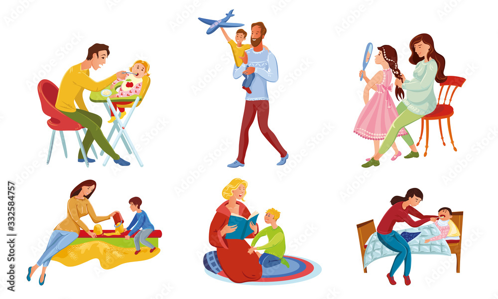 Set of happy parents and children spend time together. Vector ...