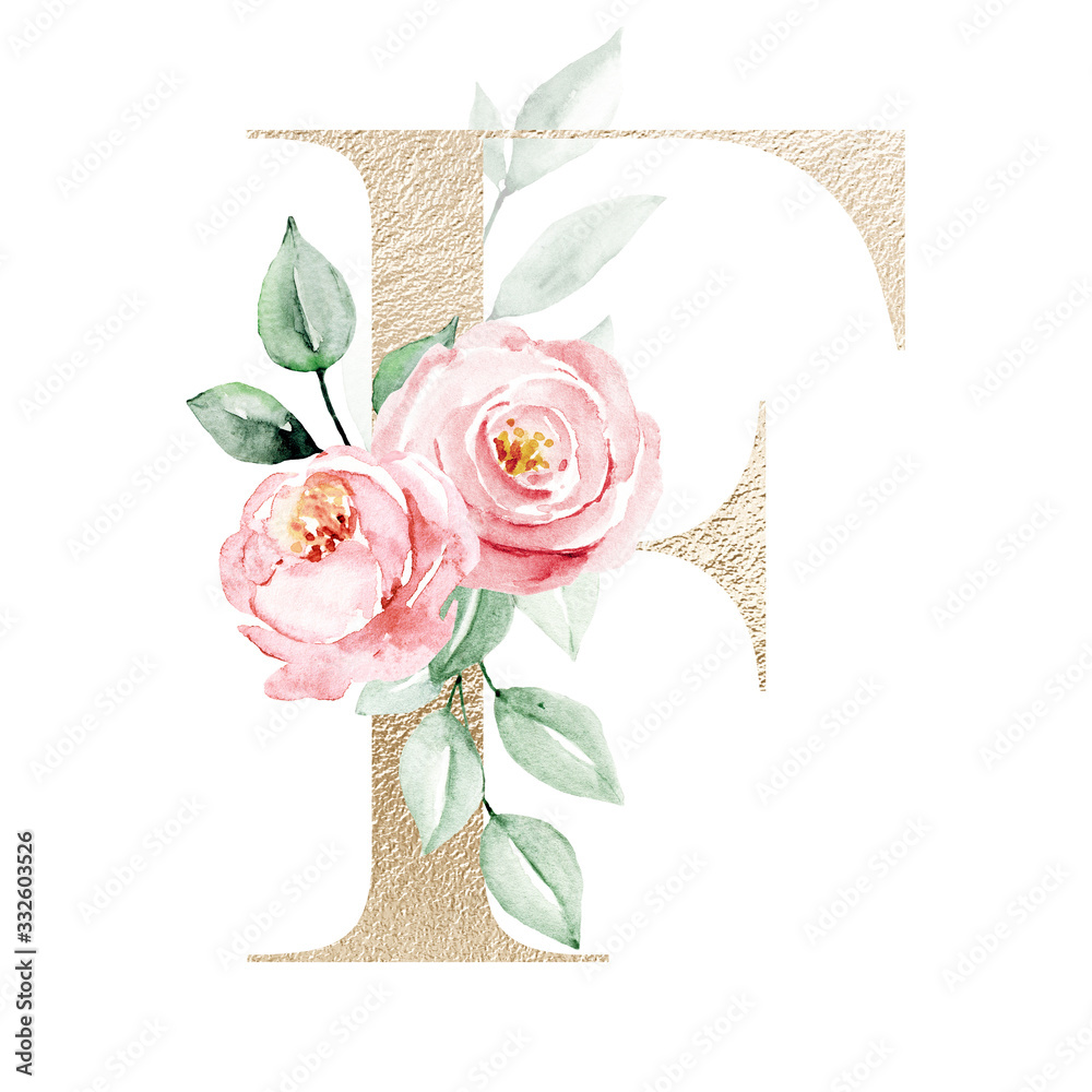 Gold letter f with watercolor flowers and leaves hand painting ...
