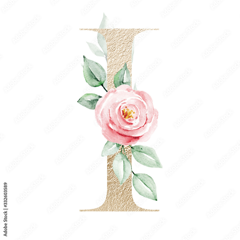 Gold letter i with watercolor flowers and leaves hand painting ...