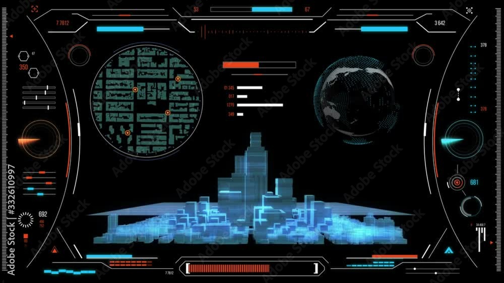 Futuristic urban navigation user interface with city HUD and ...