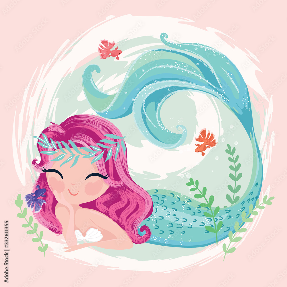 Little cute mermaid with fishes and seashells. Book illustration ...