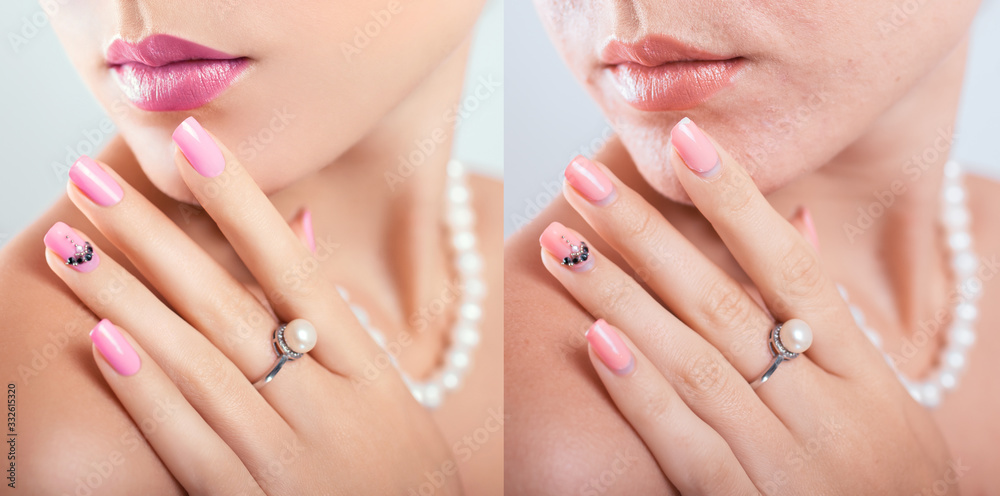 Before and after retouching nail art design in editor. Beauty fashion ...