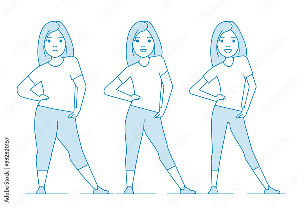 Stages weight loss before and after. Girl in sportswear. Illustration ...