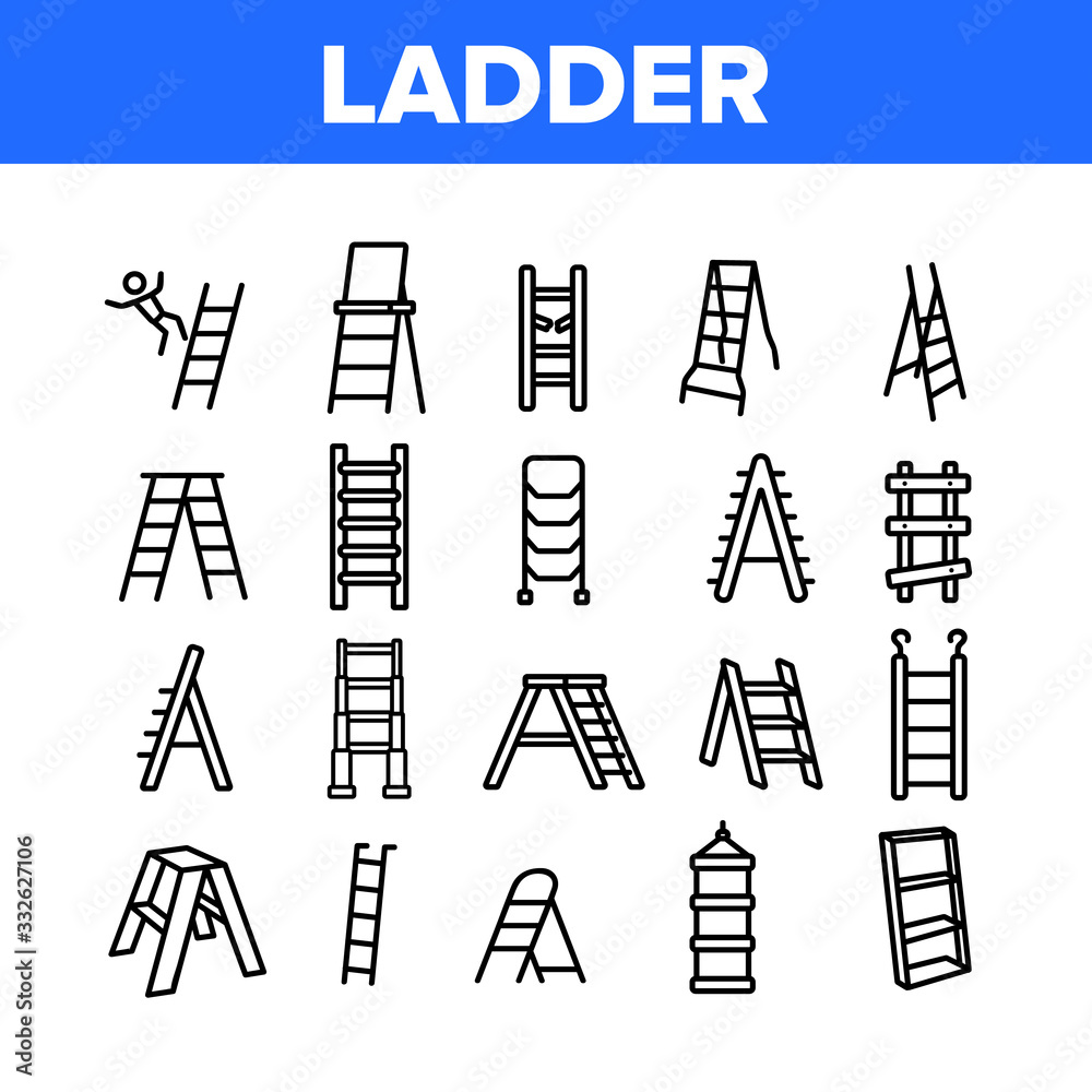 Ladder And Staircase Collection Icons Set Vector. Tall And Low, Wooden ...