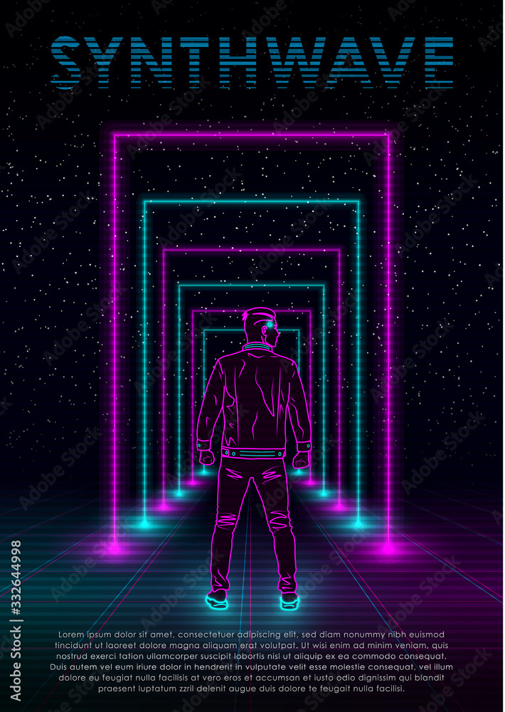Retrowave synthwave vaporwave illustration with neon man, perspective ...