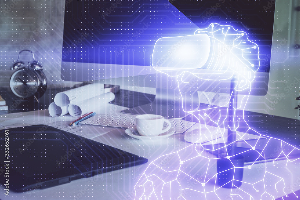 Computer on desktop with AR theme icon. Multi exposure. Concept of ...