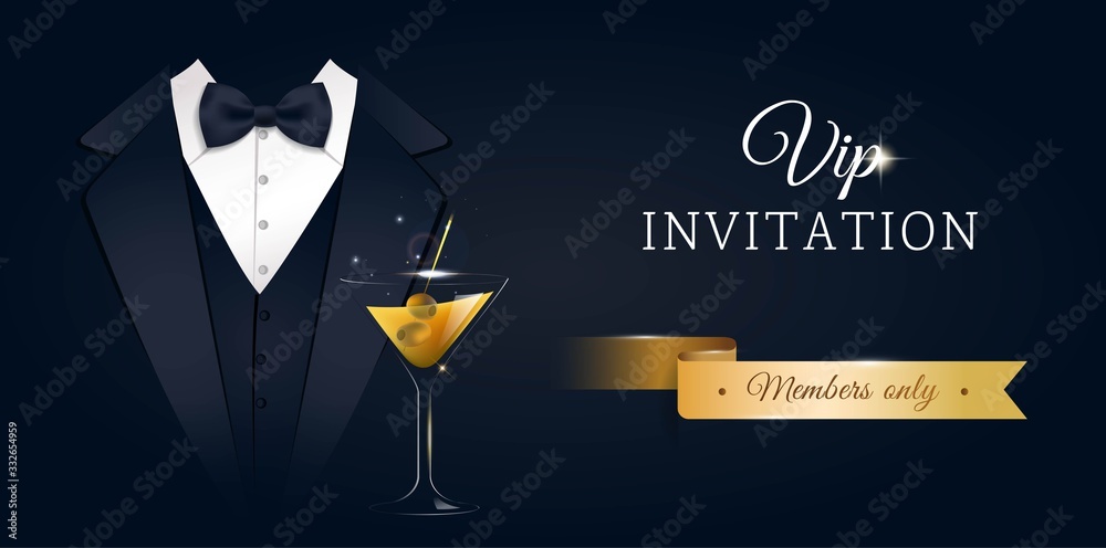 VIP premium horizontal invitation card. Black banner with businessman ...