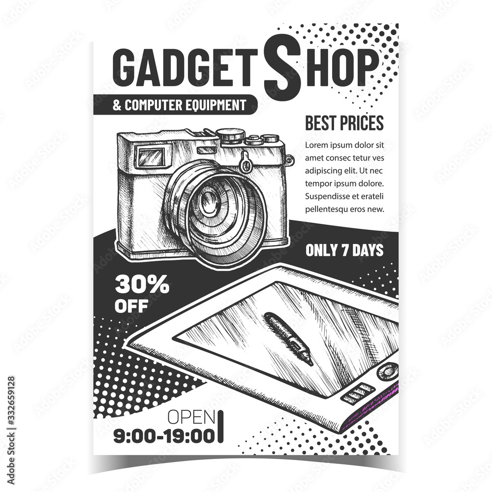 Gadget Shop Creative Advertising Poster Vector. Tablet With Stylus And ...