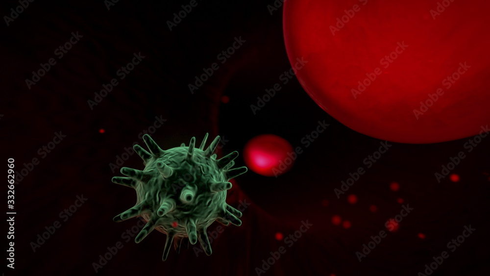 Red blood cells with viruses under the microscope . Virus infection ...