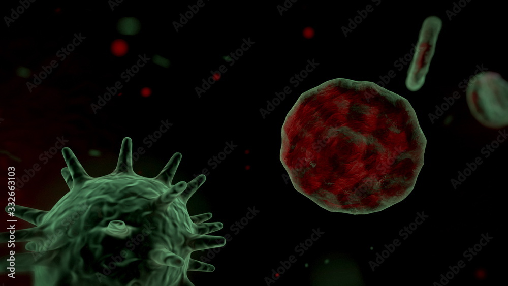 Red blood cells with viruses under the microscope . Virus infection ...