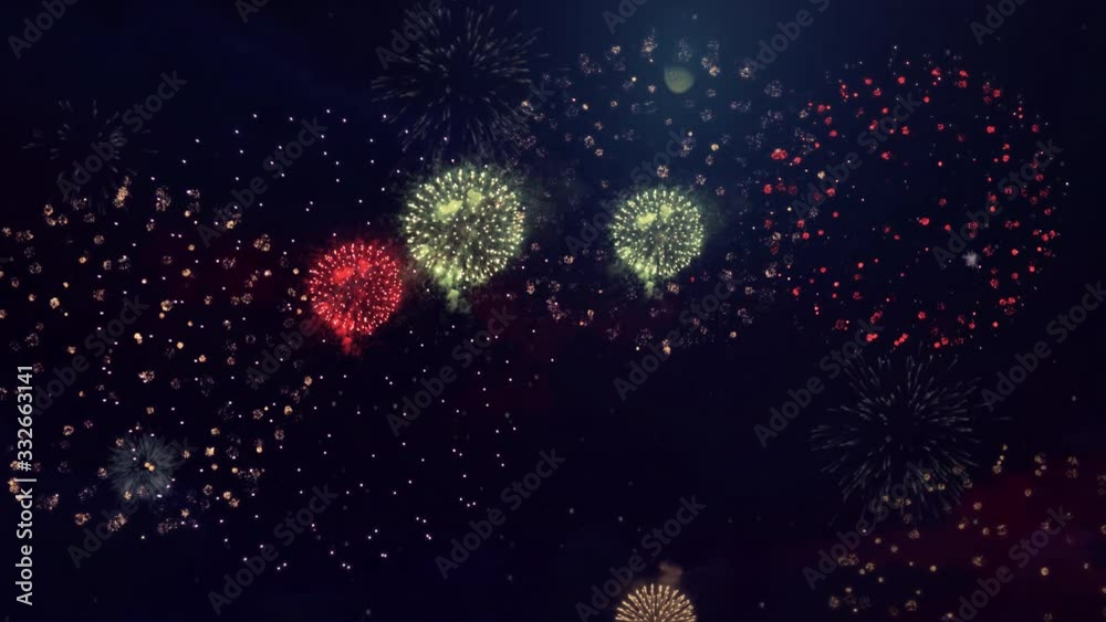 Shining fireworks with lights in night sky. glowing fireworks show ...