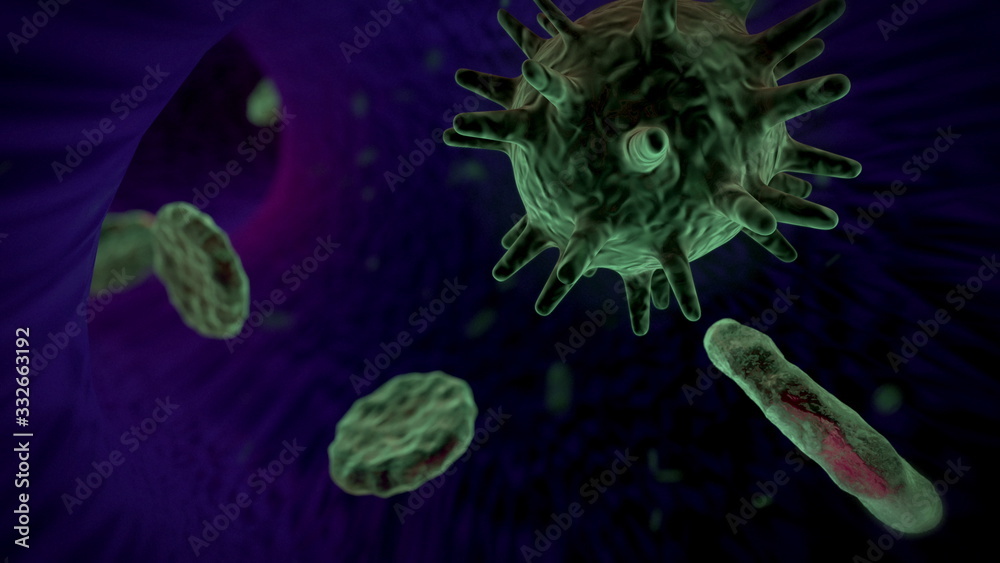 Red blood cells with viruses under the microscope . Virus infection ...