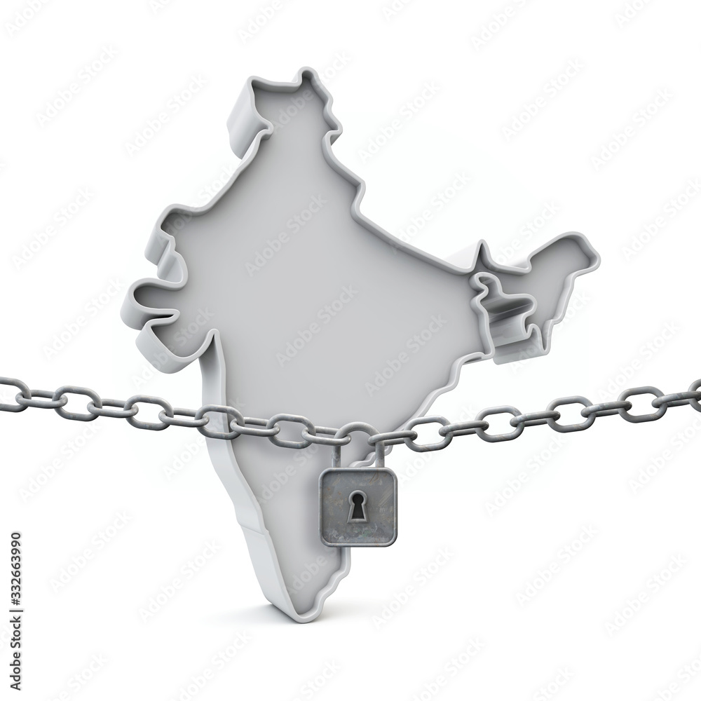 India lockdown concept. Map with lock and chain. 3D Render Stock ...