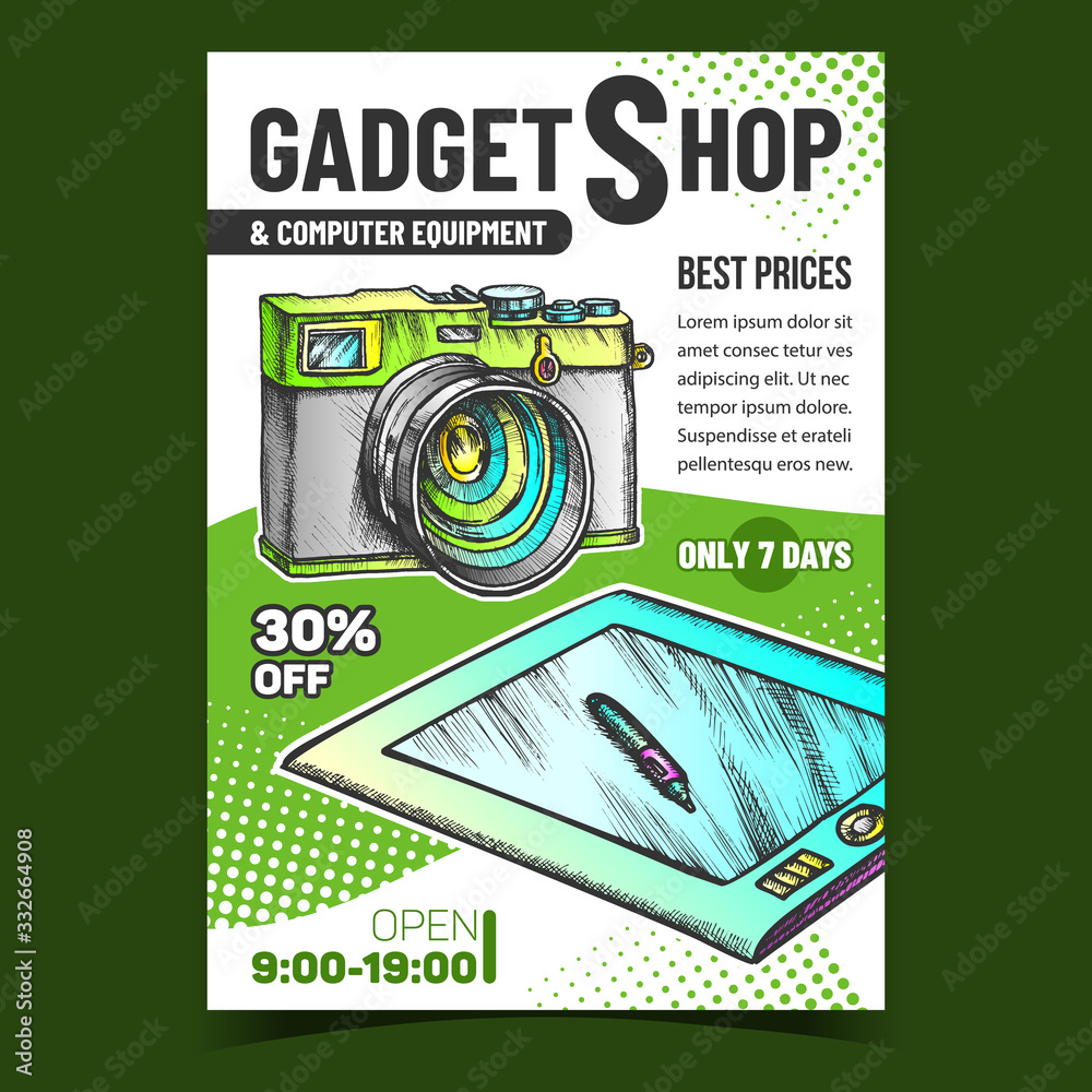 Gadget Shop Creative Advertising Poster Vector. Tablet With Stylus And ...