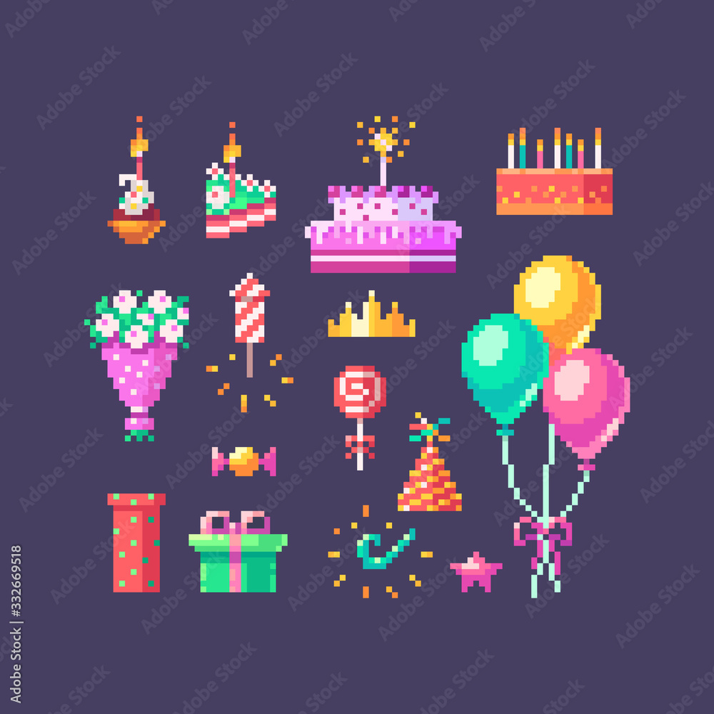 Vetor de Pixel art birthday set. Cute bright icons on birthday party ...