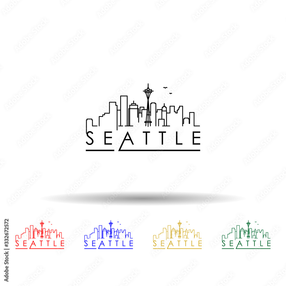Linear seattle city silhouette with typographic design multi color icon ...