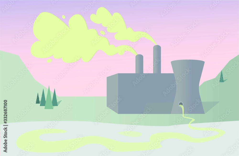 Cartoon vector illustration of chemical plant, smog and polluted water ...
