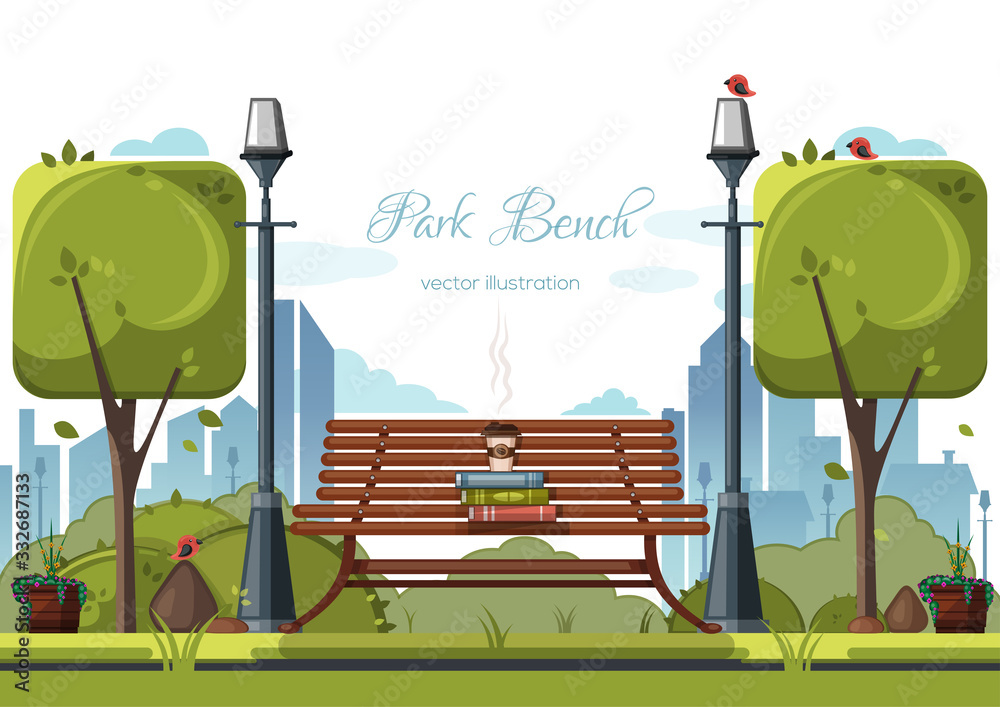 Wooden park bench. A plastic cup of coffee and a book on a bench in a ...