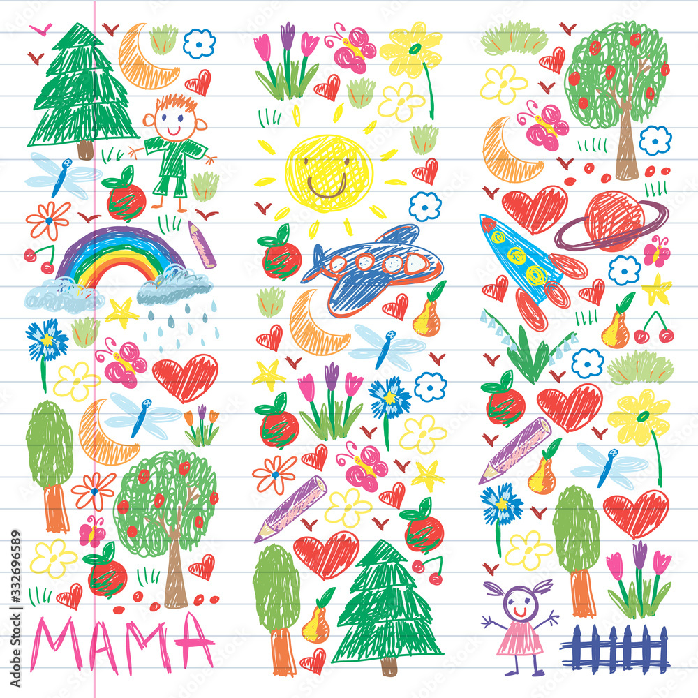 Kindergarten pattern with funny kids drawing. Vector illustration ...