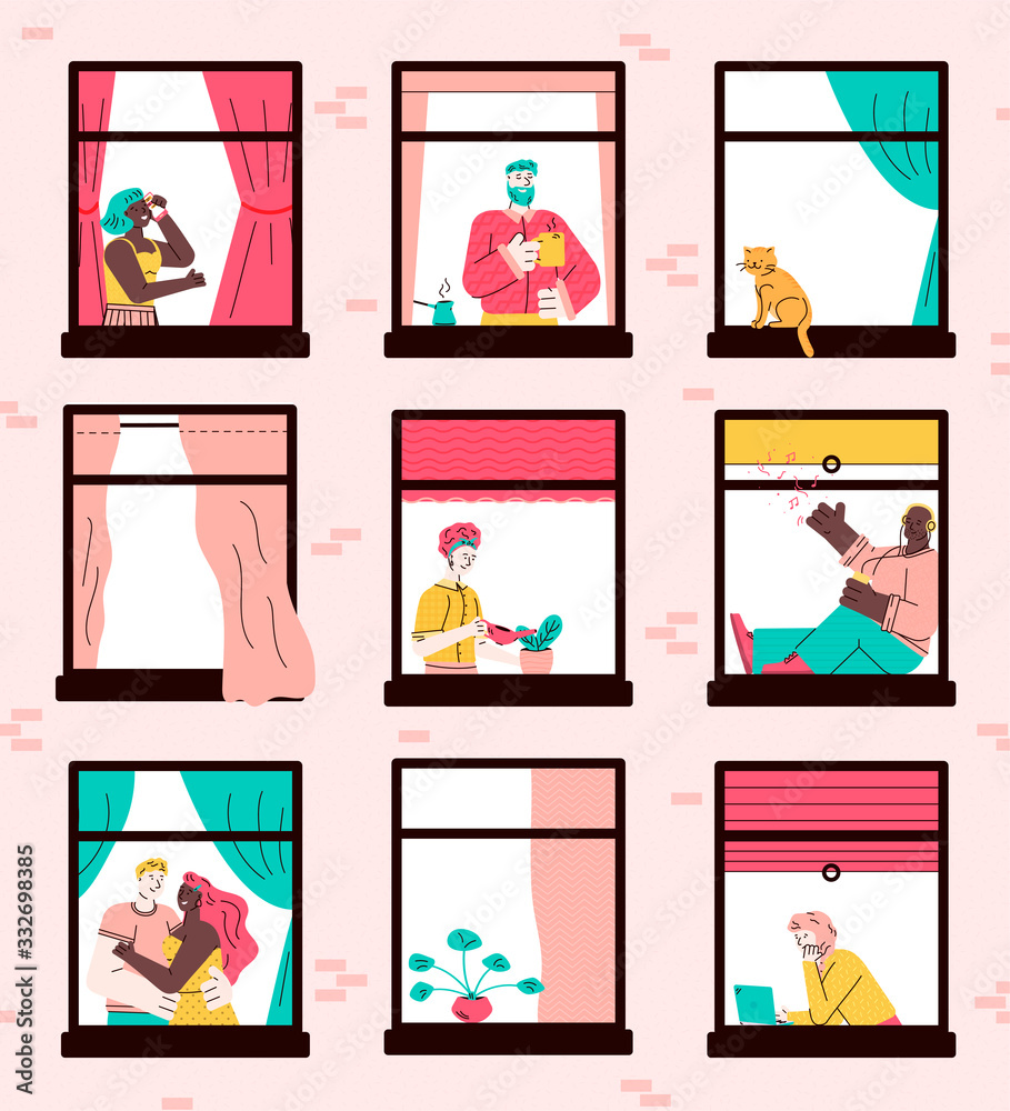 Apartment building window set with cartoon neighbor characters Stock ...
