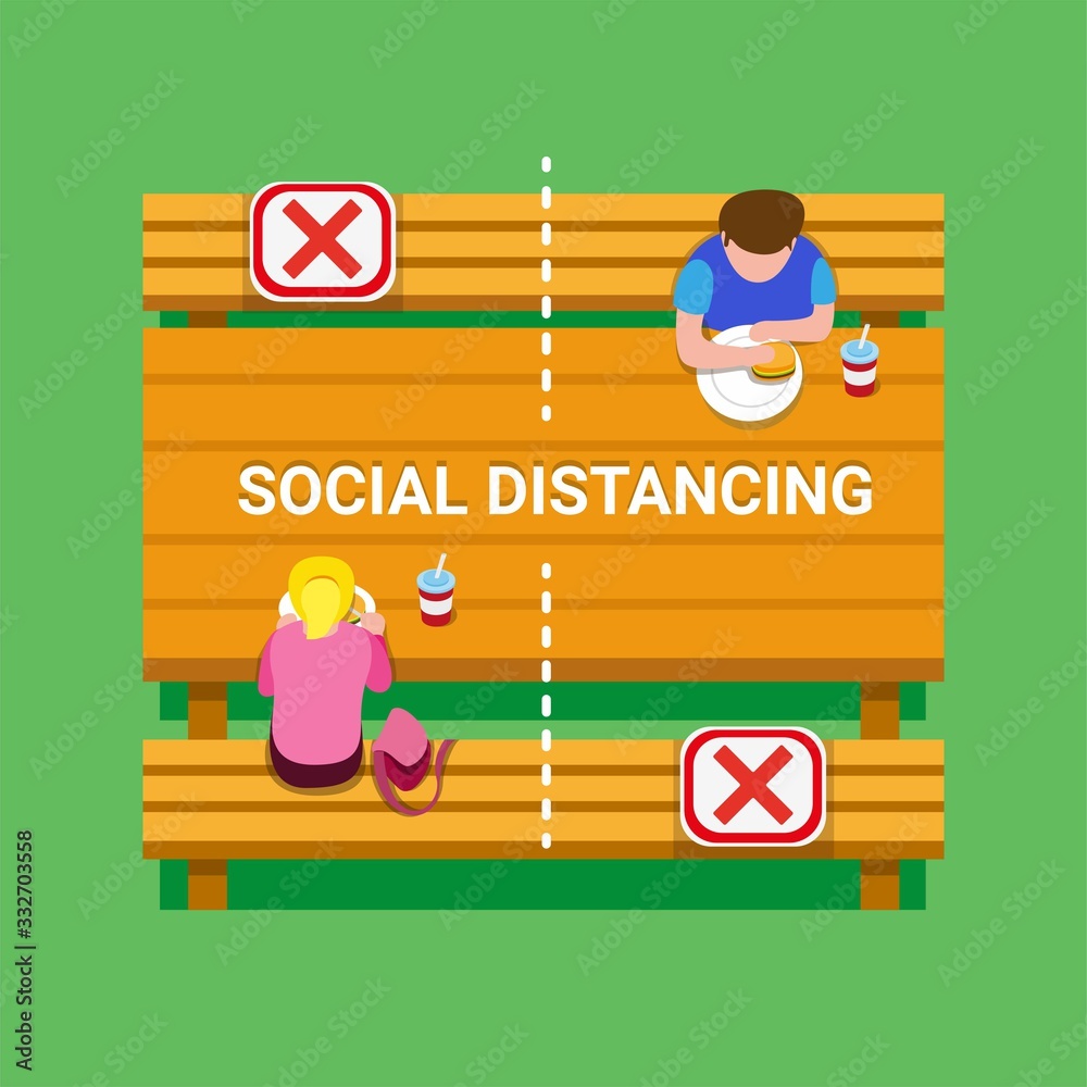 Social distancing guidance people keeping distance in foodcourt table ...