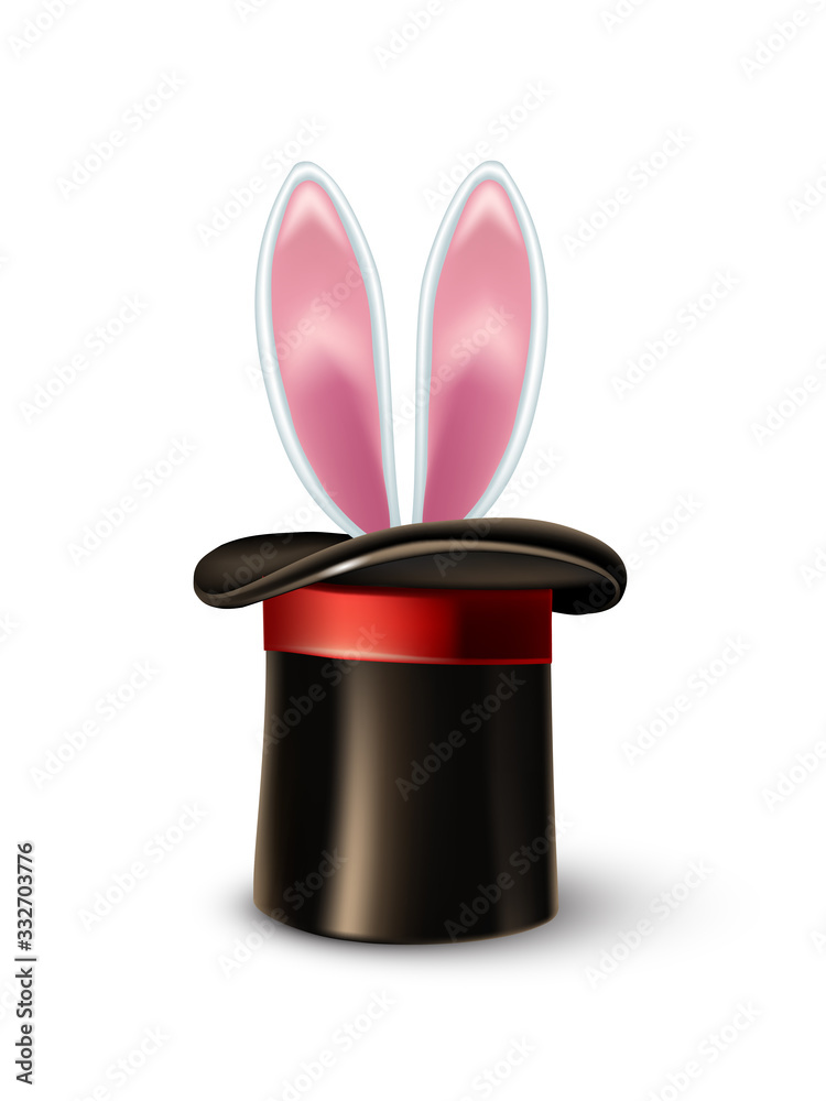 Rabbit ears appear from the magic hat isolated on white background ...