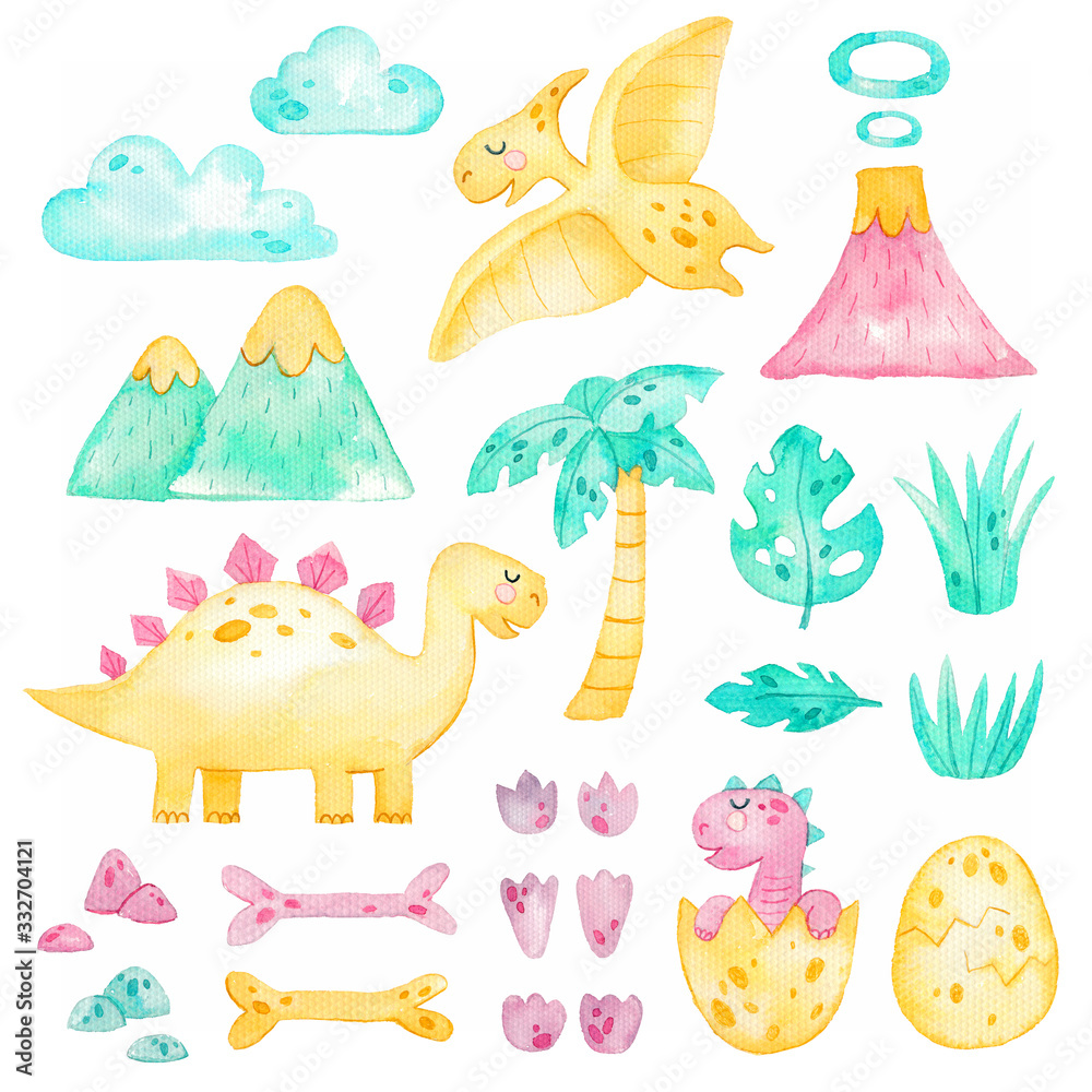 Watercolor set of cute dinosaurs and jungle element. Collection cute ...