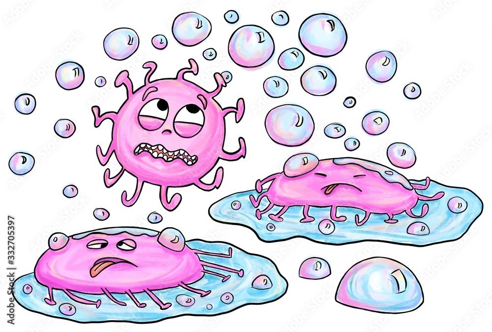 Hand drawn cartoon illustration of molecules of coronavirus infection ...