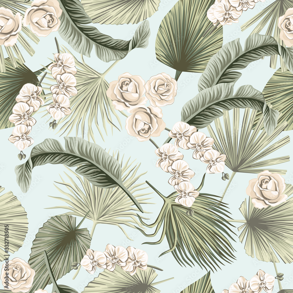 Tropical floral boho dried palm leaves, orchid, rose flower seamless ...